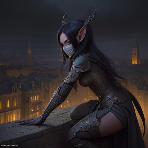 beautiful masked elf rogue, looking over the medieval city at night - AI Generated Artwork ...