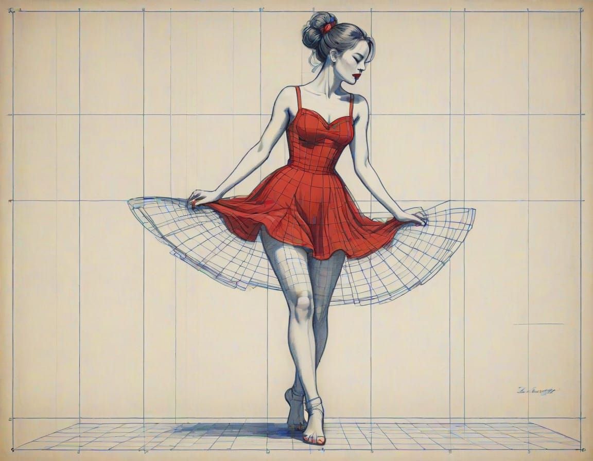 Ethereal Dancer in Summer Dress as Line Drawing - AI Art