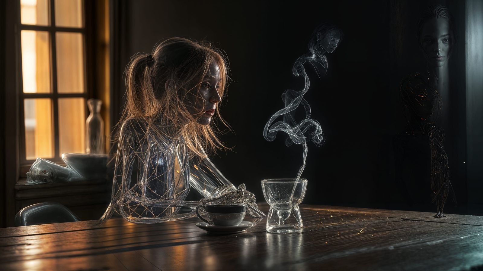 two humanoid forms, one made of hard light and in the shape of a woman ...