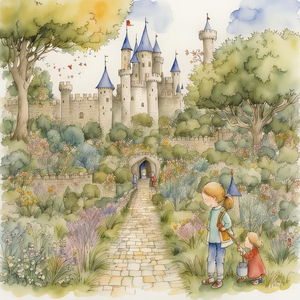 Visiting The King - Whimsical Castle Garden Scene in Waterco...