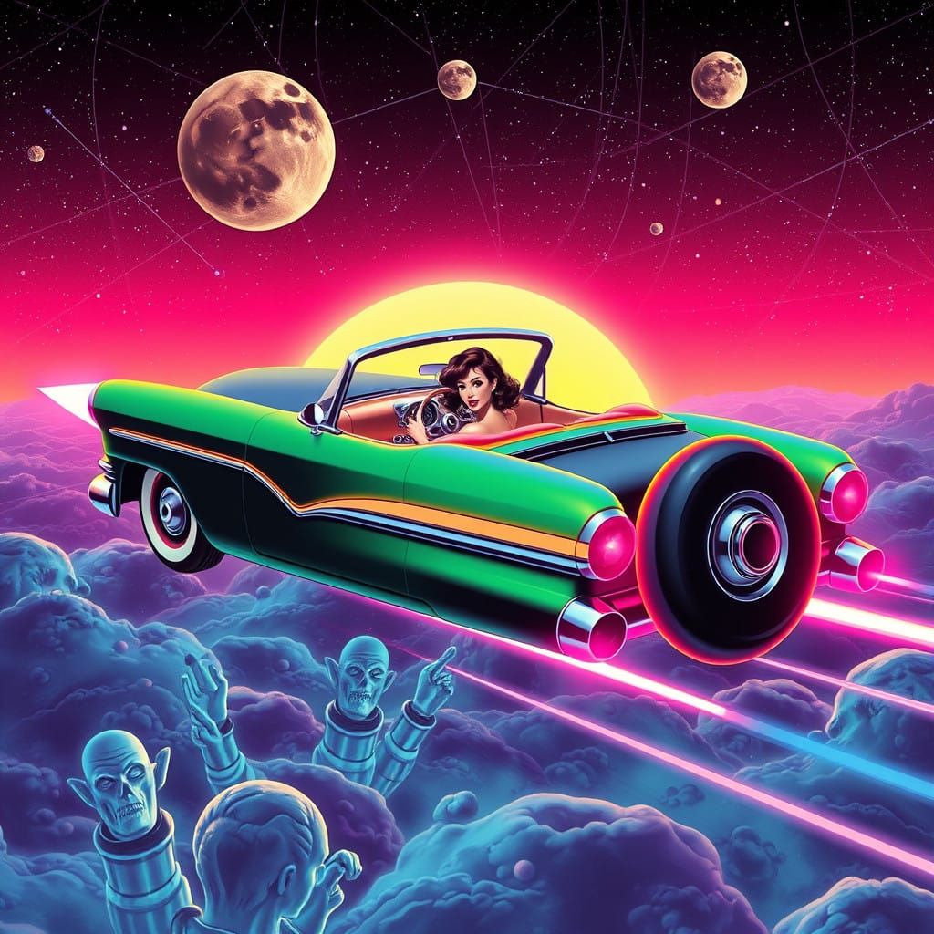 Retro Futuristic Pinup Girl Cruises Neon Galaxy in... - AI Art