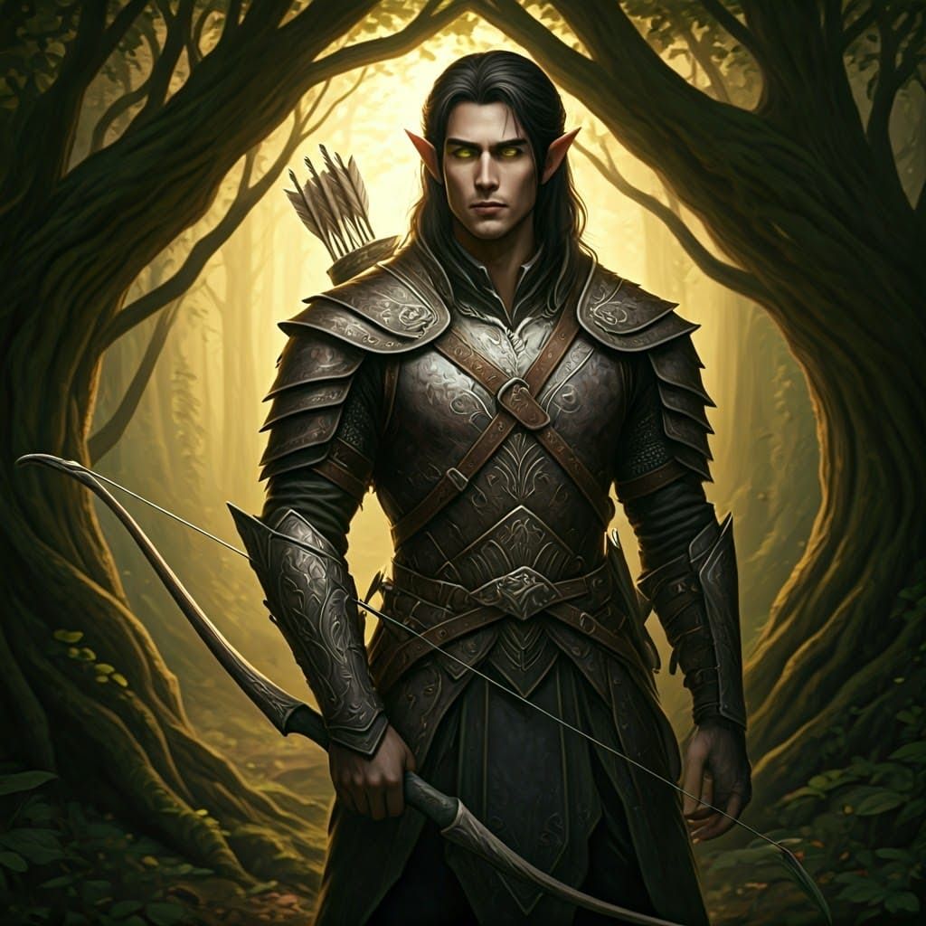 Elegant Male Elf Archer in Ancient Forest - AI Art