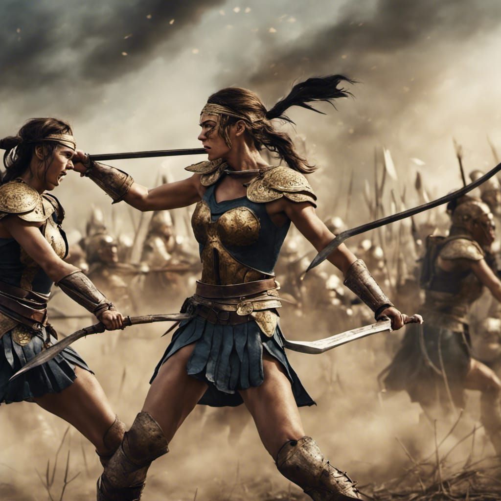 Amazons during the battle fighting cinematic fighting, very dramatic ...
