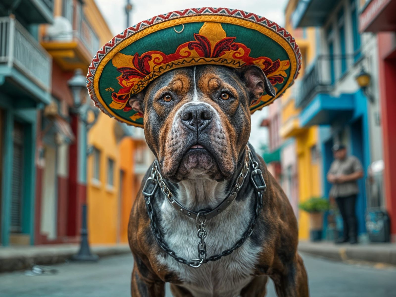 Large muscular American Staffordshire Terrier with Sombrero on street ...