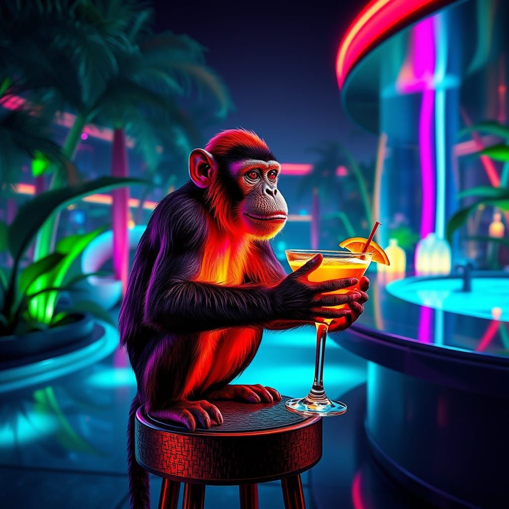 monkey in the pool bar - Neon Monkey in Futuristic Pool Bar