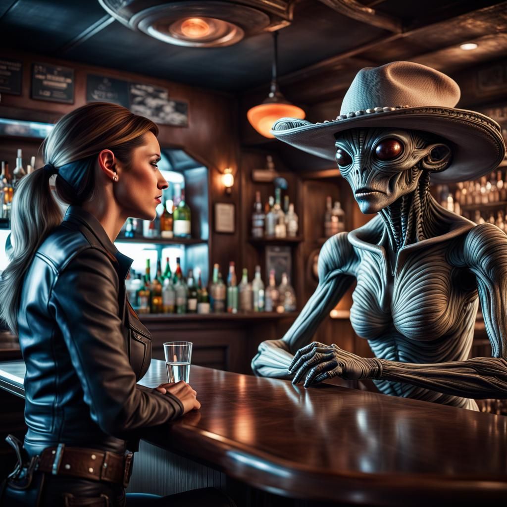 Female space smuggler buying a drink from an alien bartender - AI ...