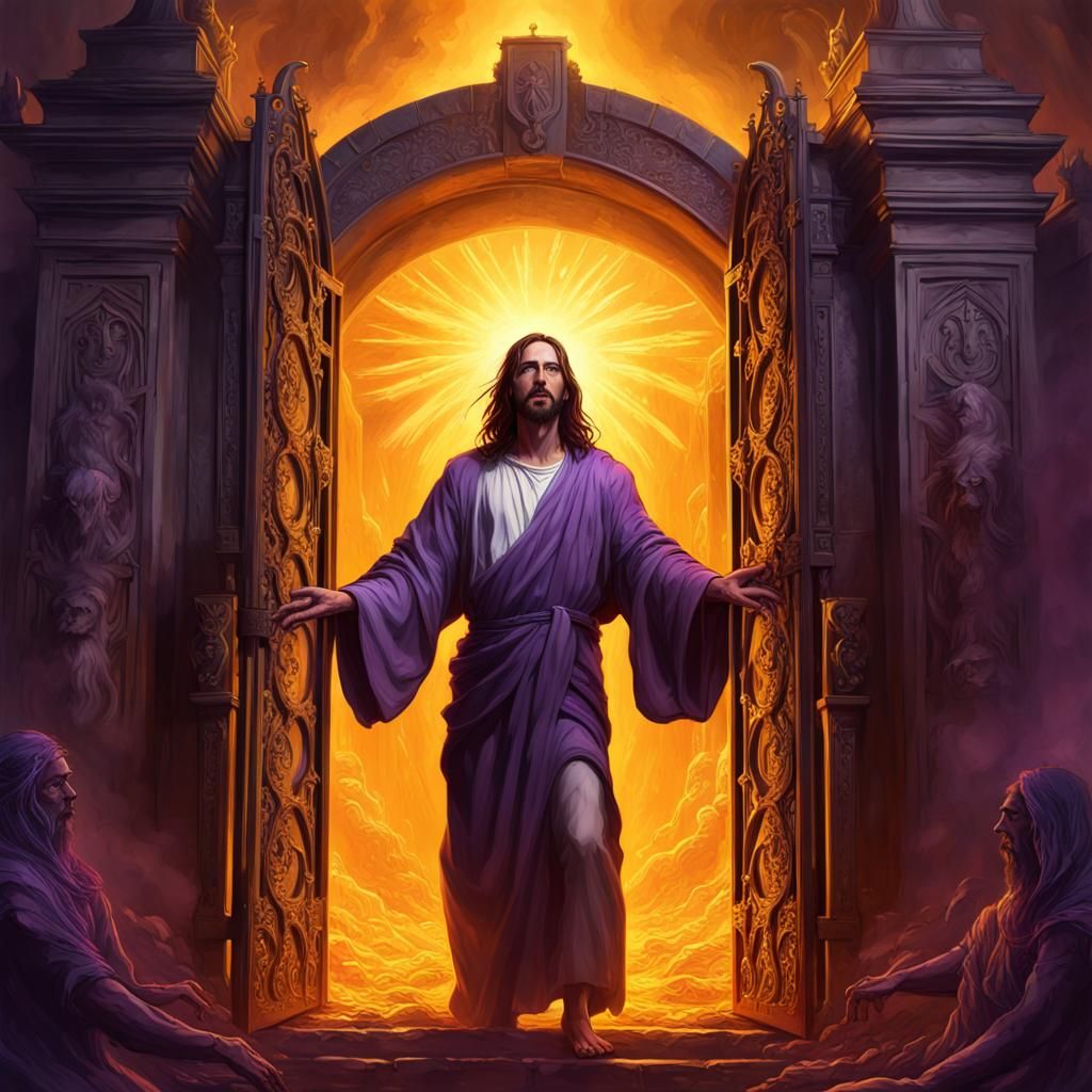 Jesus Christ opening the gates of hell with all the lost souls - AI ...