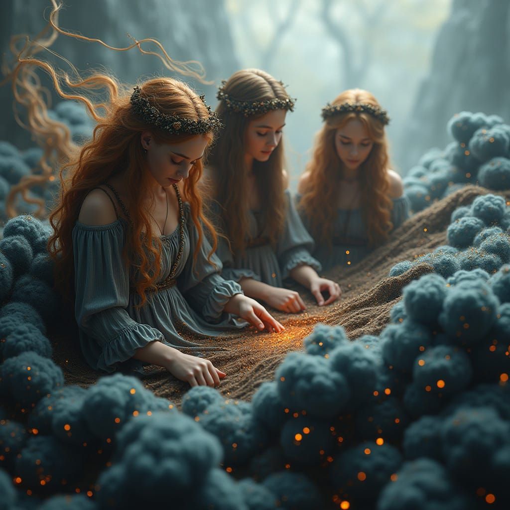 The Fates Weave Destiny in Iridescent Wool and Bla... - AI Art