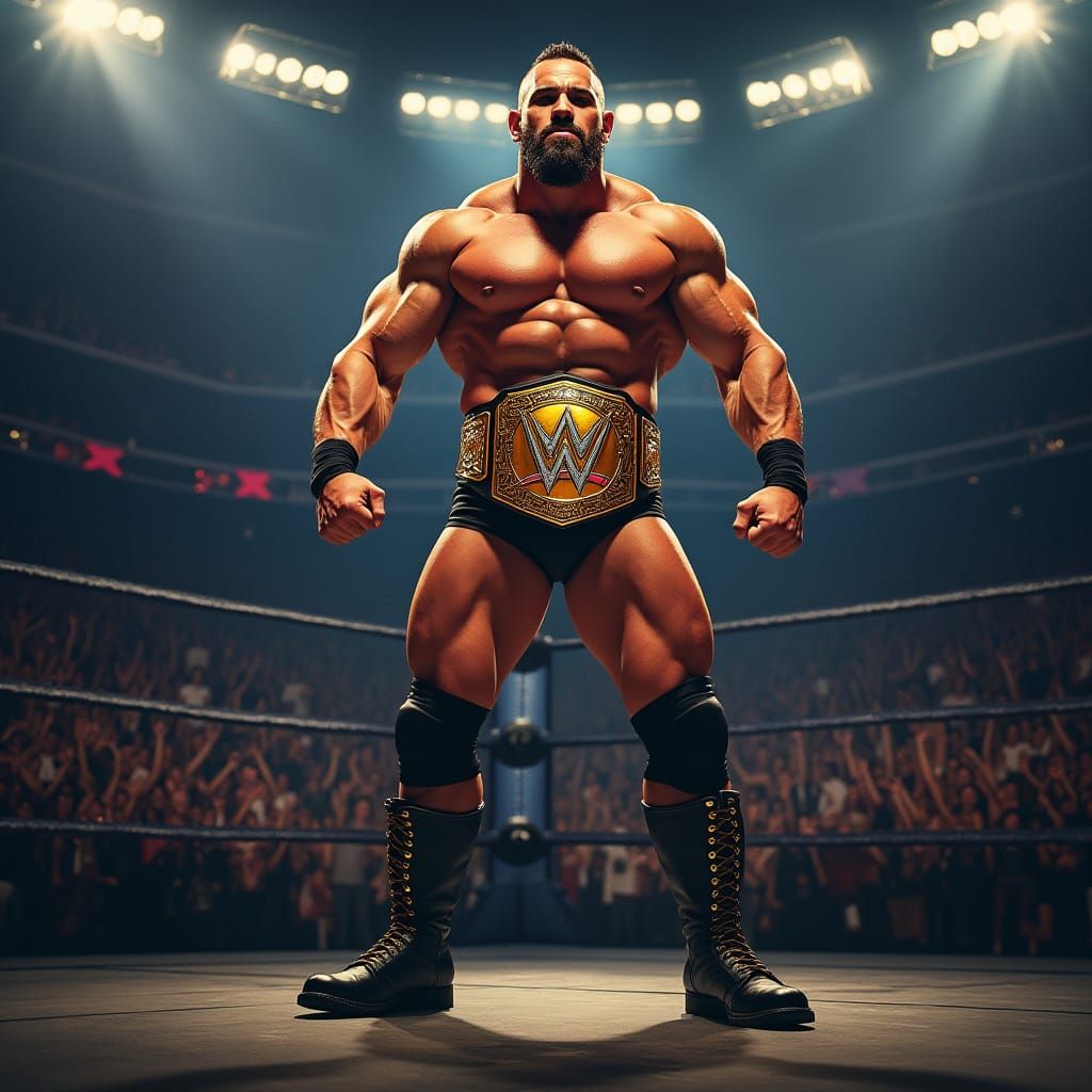 Muscular WWE Wrestler in Championship Belt, Ring P... - AI Art