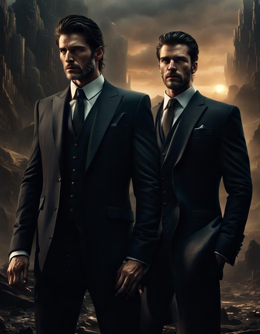 Two men, brothers, close in age, handsome, tall, muscular, dark hair ...