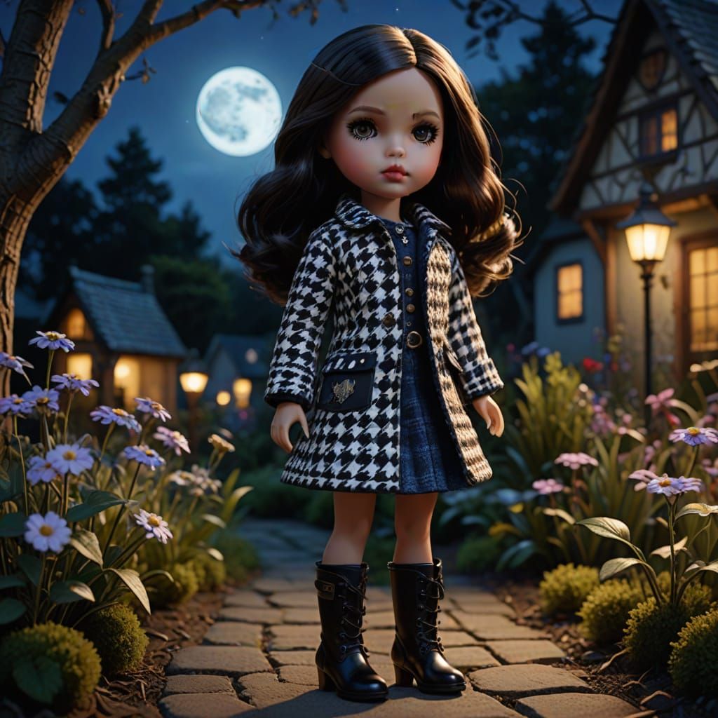 Miniature Doll in Mystical Moonlit Garden - AI Art