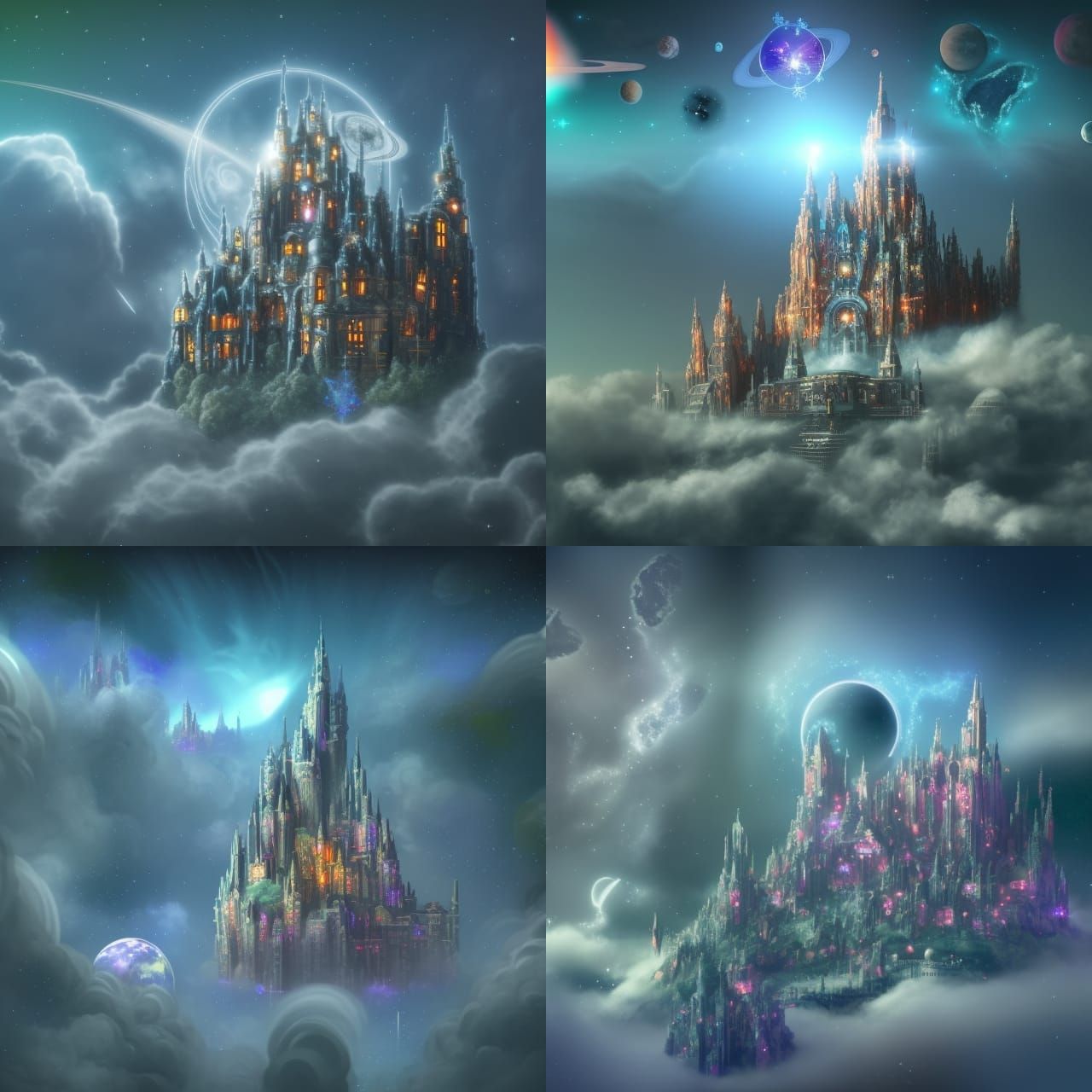 Modern futuristic shiny suburban castle in the clouds; fantastical ...