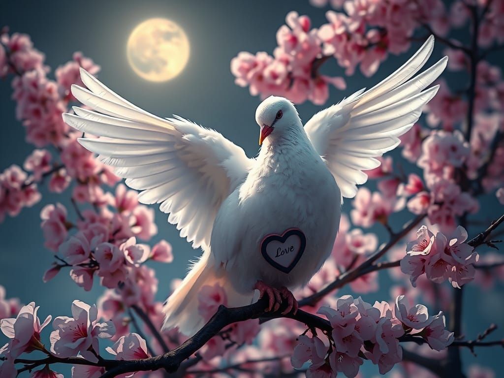 Ethereal Dove Amidst Cherry Blossoms in Futuristic... - AI Art