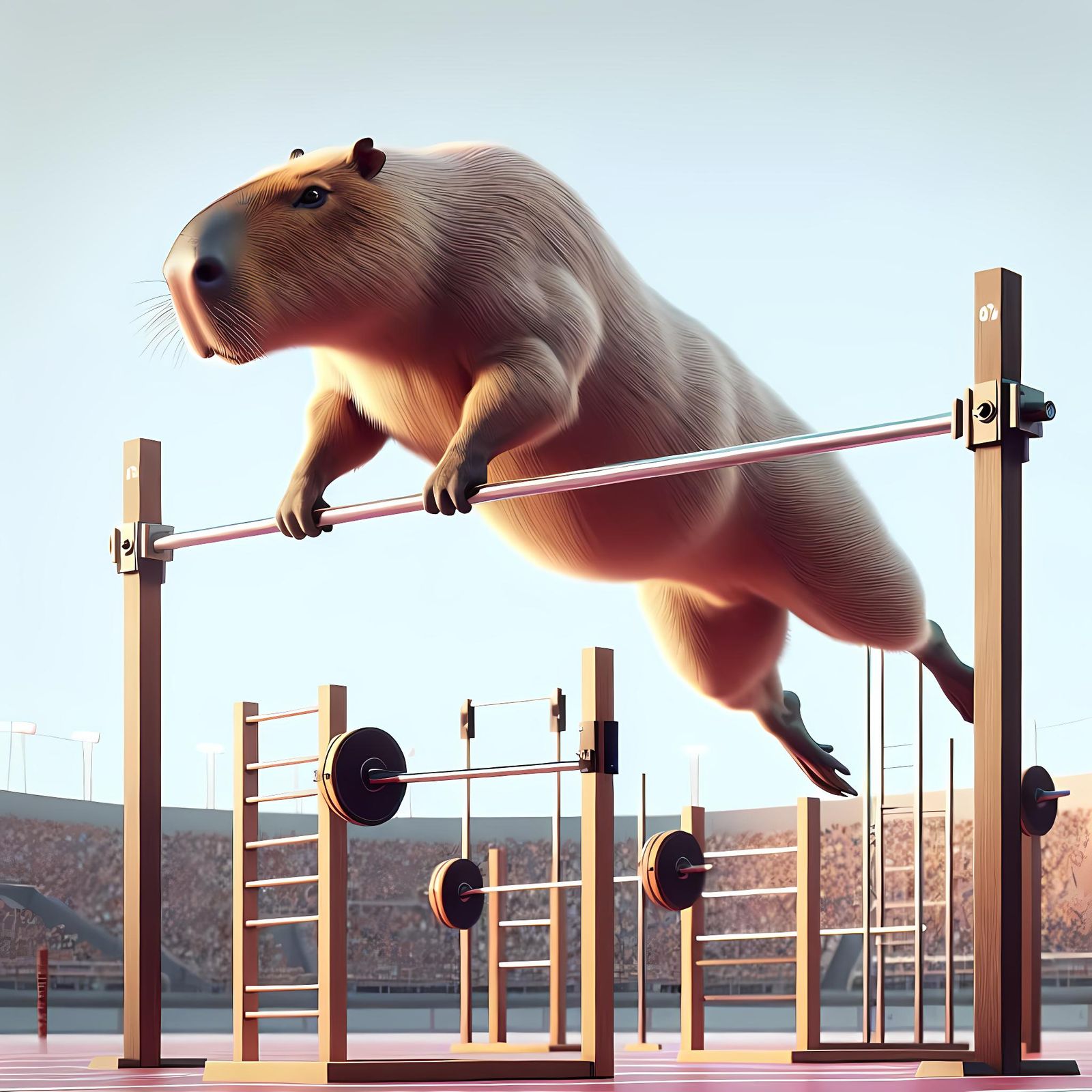 Capybara doing pull-ups on the horizontal bar while participating in ...