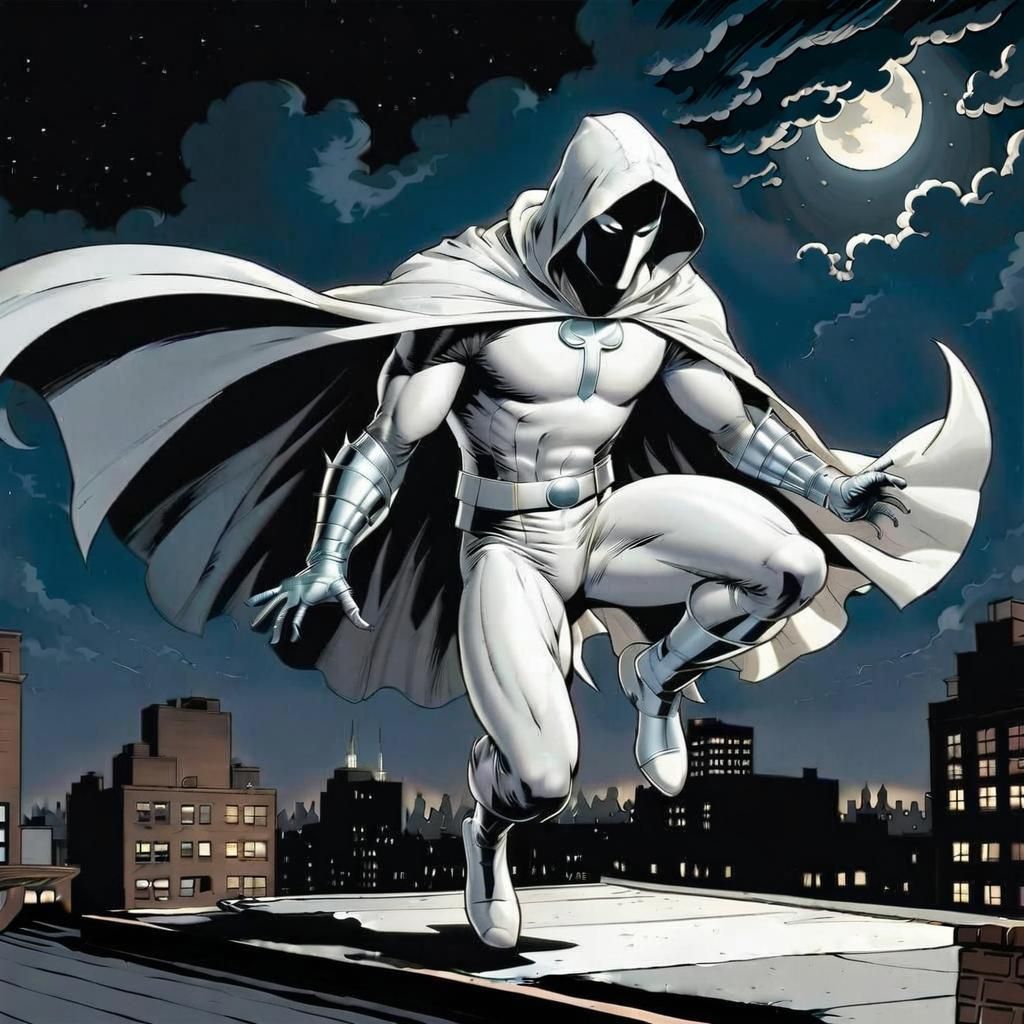 Moon Knight, out on patrol, leaping onto the rooftop of an apartment ...