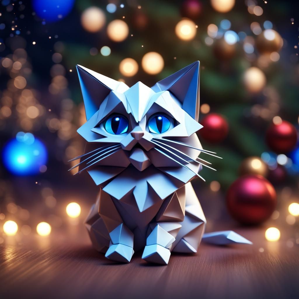 Origami cute adorable ragdoll-cat with blue lights on christmas tree ...
