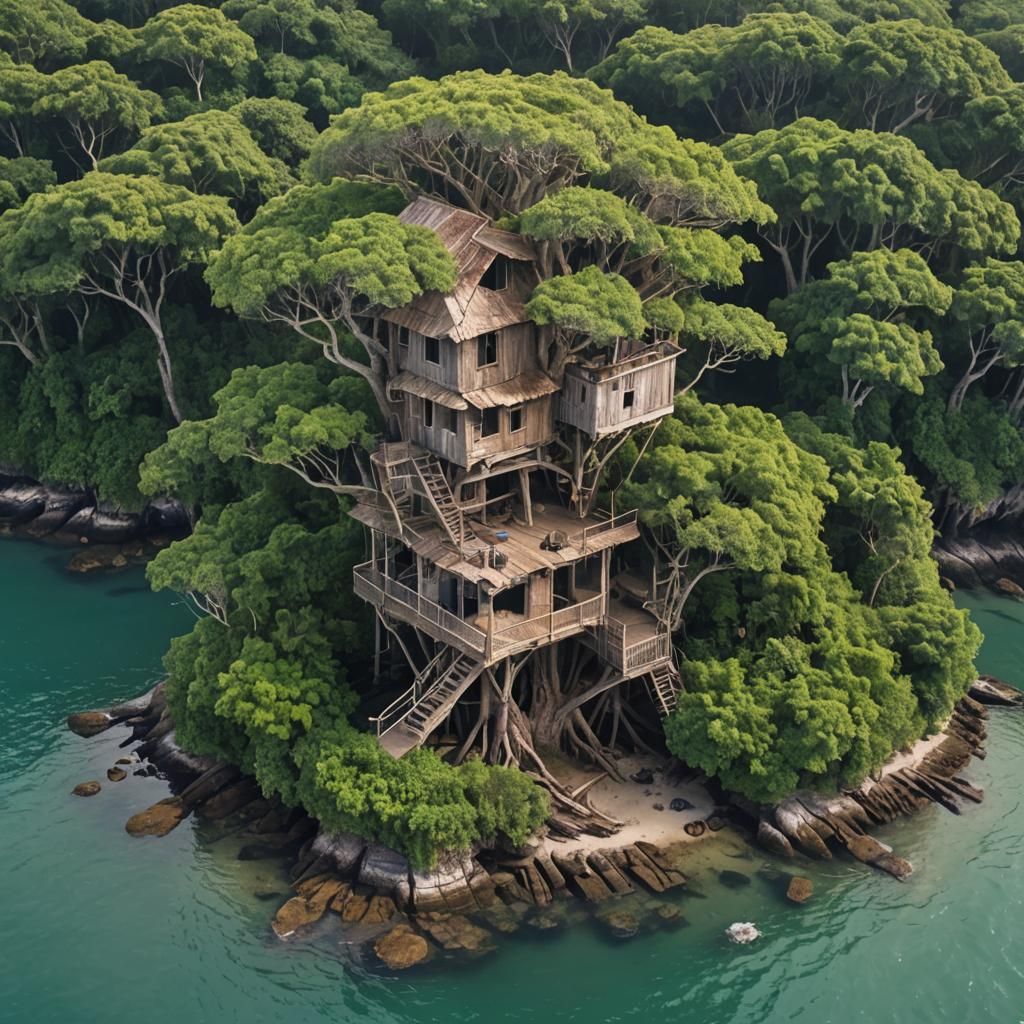 Treehouse on island (B) - AI Generated Artwork - NightCafe Creator