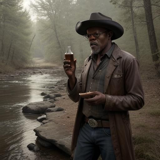 Samuel L. Jackson wearing a cowboy hat and making whiskey on a still in ...