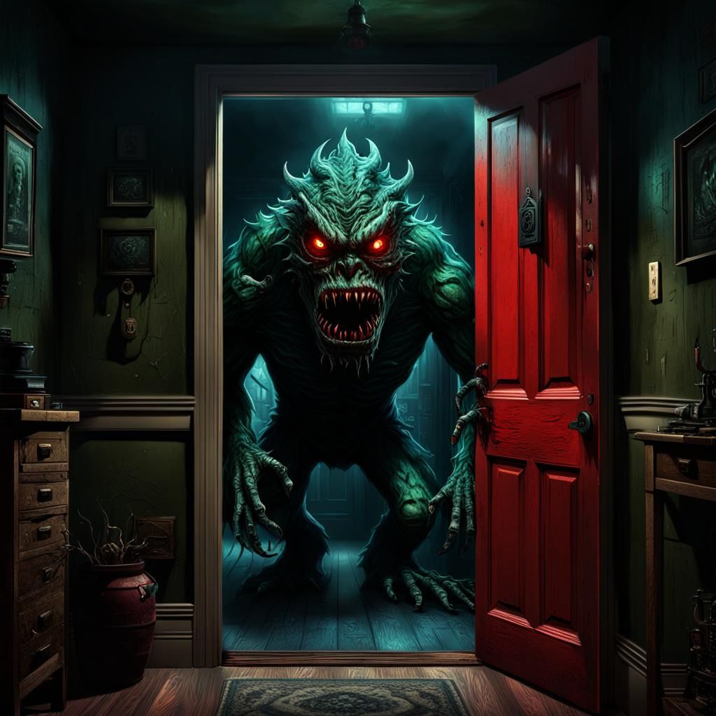 A red eyed monster at the door in the basement - AI Generated Artwork ...