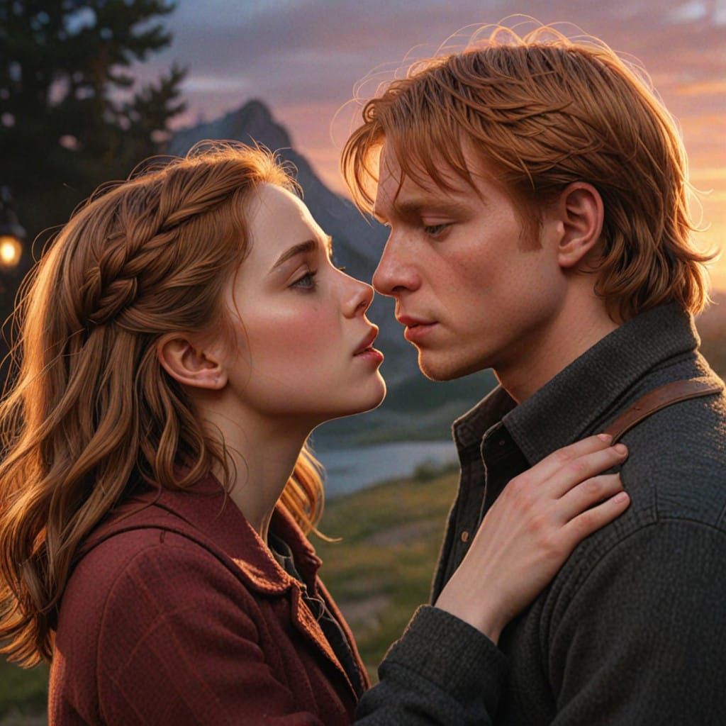 Magical Romance: Ron and Hermione's Intimate Kiss - AI Art