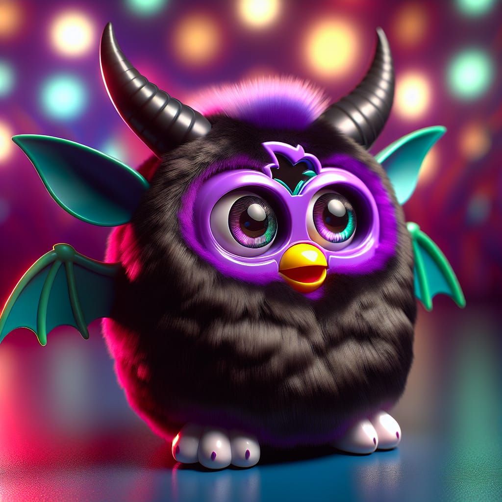 Hyper-realistic image of a Cute Purple & black Dragon style Furby toy with horns and wings ...