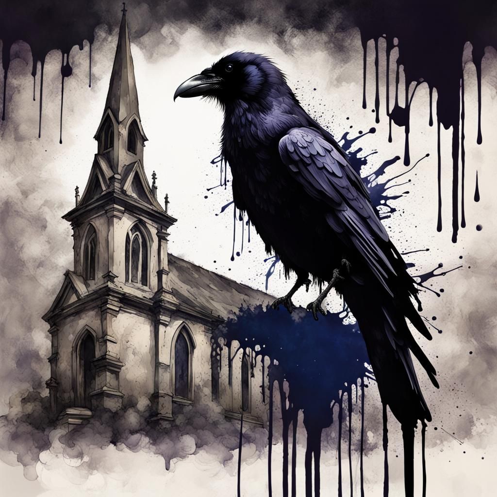 Ink splash art, an intricate mysterious and dark raven sitting on a ...