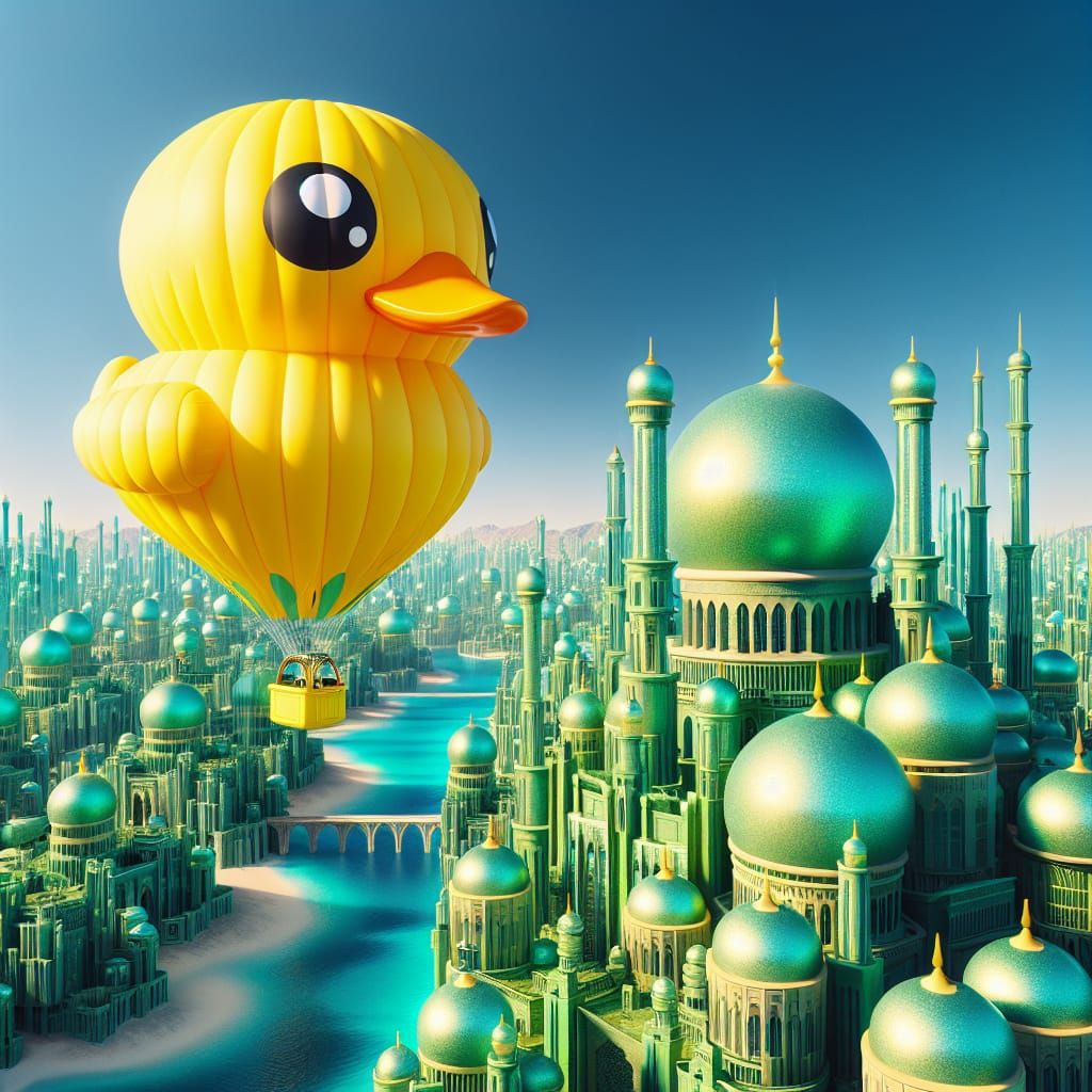 Whimsical Rubber Duck Balloon Soars Over Emerald C... - AI Art
