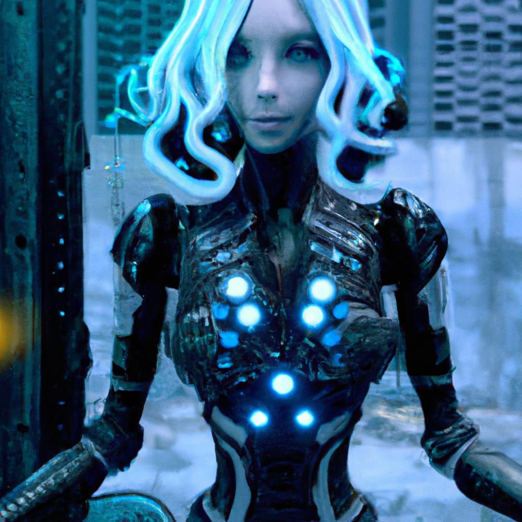 A half assembled gynoid. Her eyes emit a blue light deep colors ...