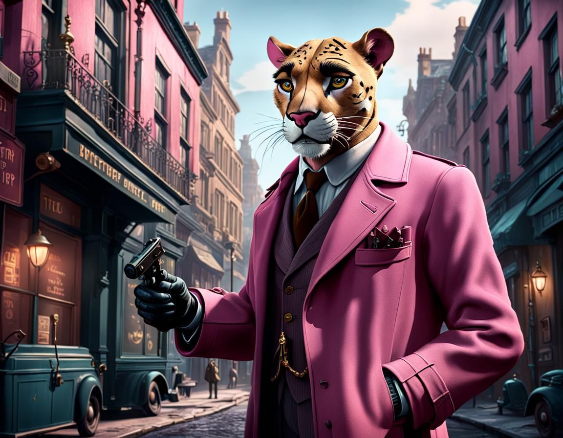 The Pink Panther dressed in detective clothing while inspecting a crime ...