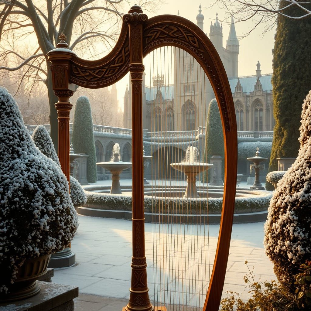 Rinaissance garden XIII - Elegant Harp in Pre-Raphaelite Win...