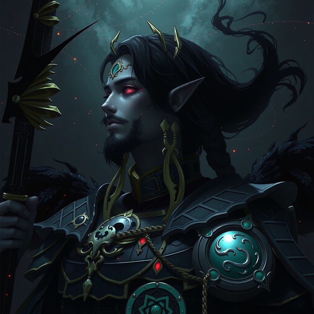 Dark Fantasy Drow Elf Samurai in Art Nouveau Armor... - AI Art