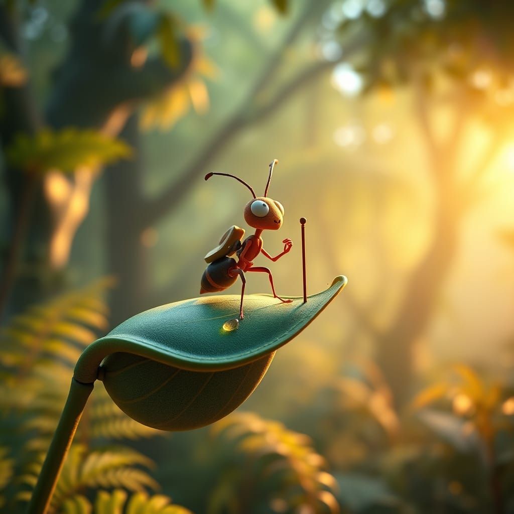 Pixar-Style Ant Rides Leaf Through Lush Forest - AI Art
