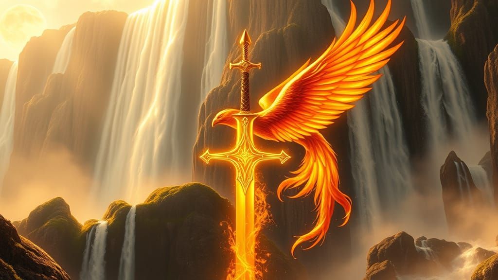 Burning Excalibur protected by a burning Phoenix