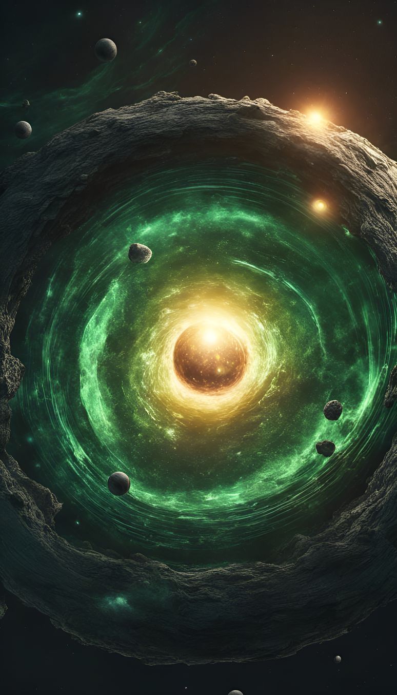 A green sun collapsing into a blackhole pulling in nearby planets. 3d ...