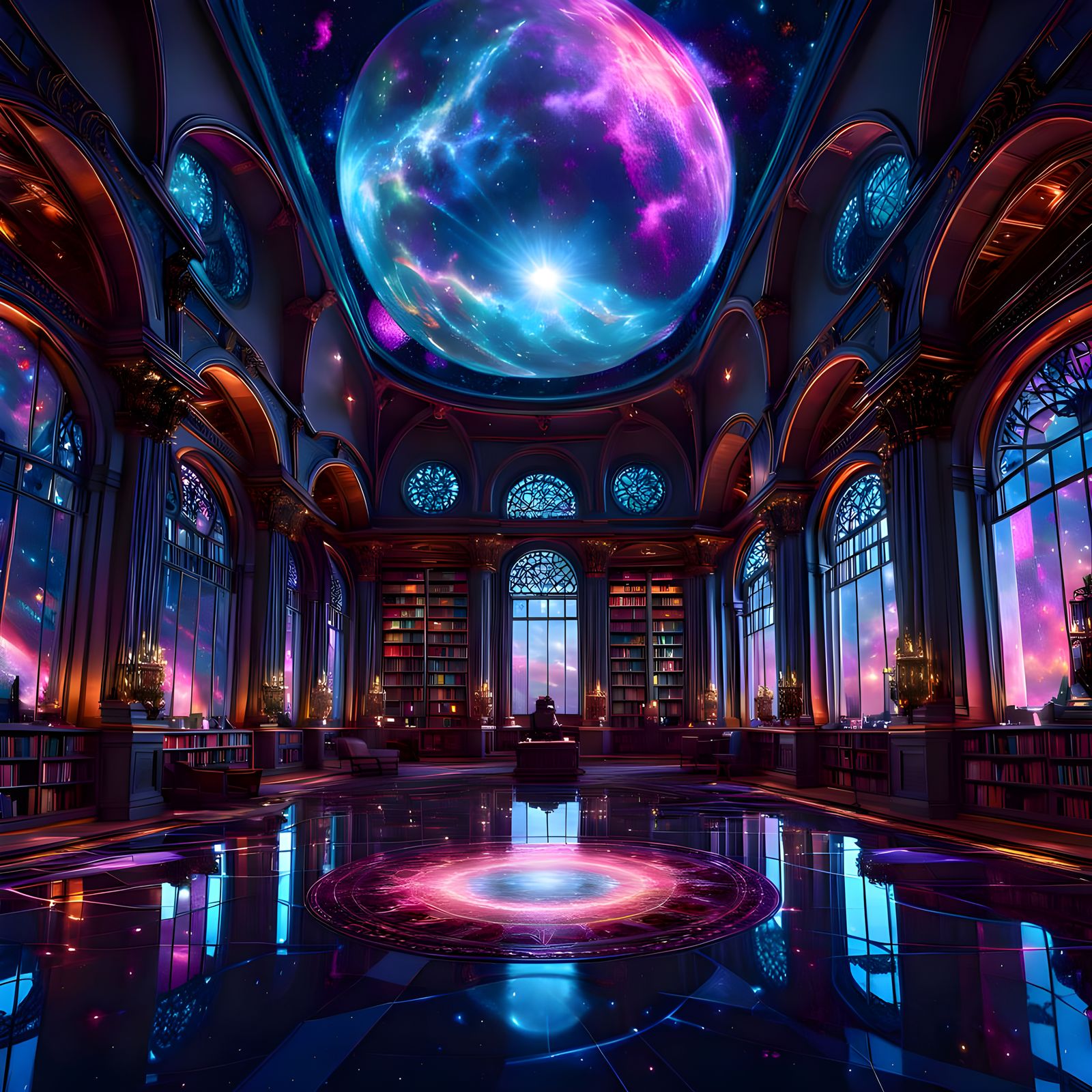 Ethereal Multiverse Library in Vibrant Cosmic Colo... - AI Art