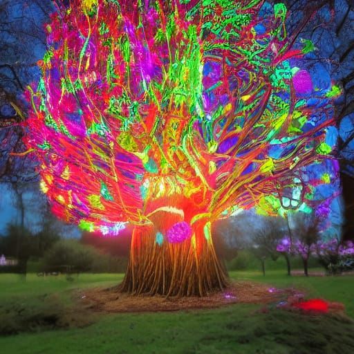 Psychedelic tree created from yarn with glowing fluorescent ...