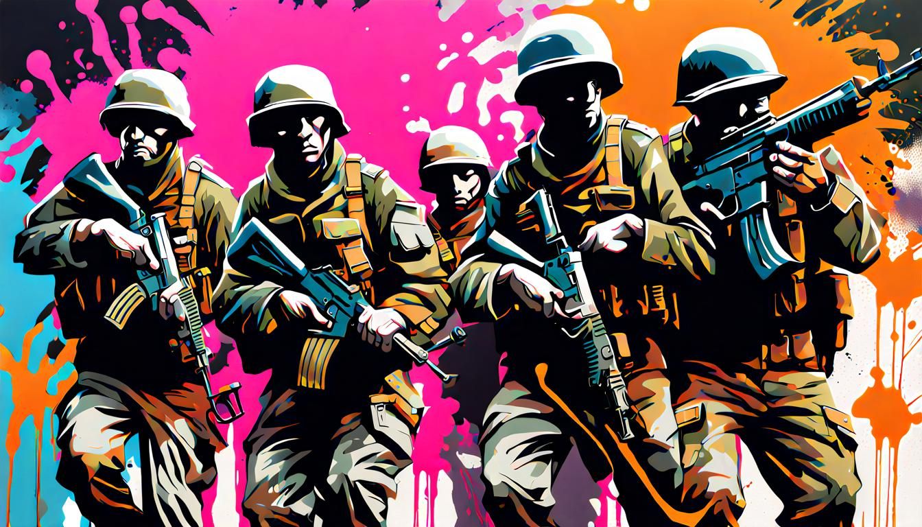 Infantry troops engaged in savage fighting, bullets flying, gunfire ...