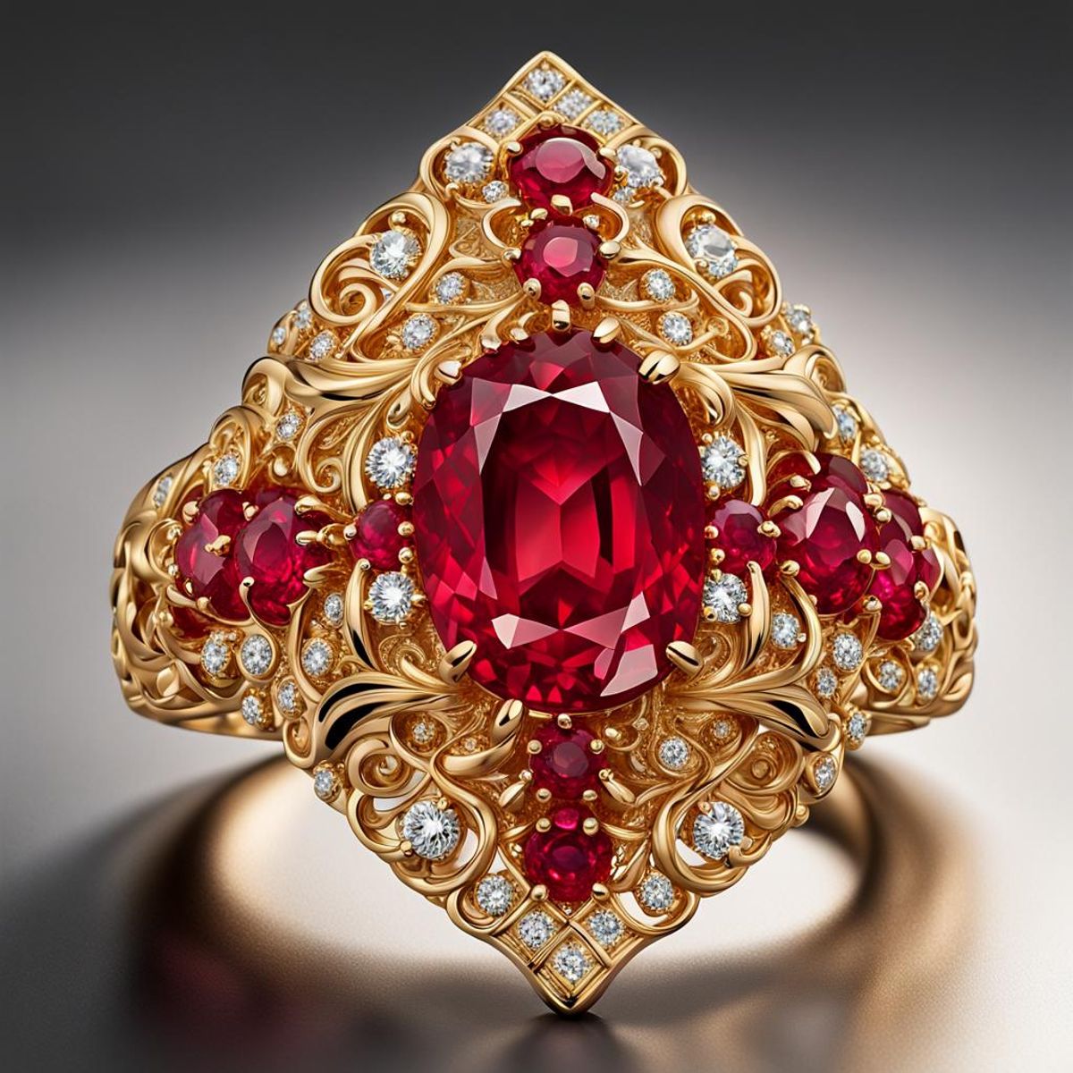 A majestic golden royal ring gleams under the soft light, adorned with a prominent crimson ruby ...