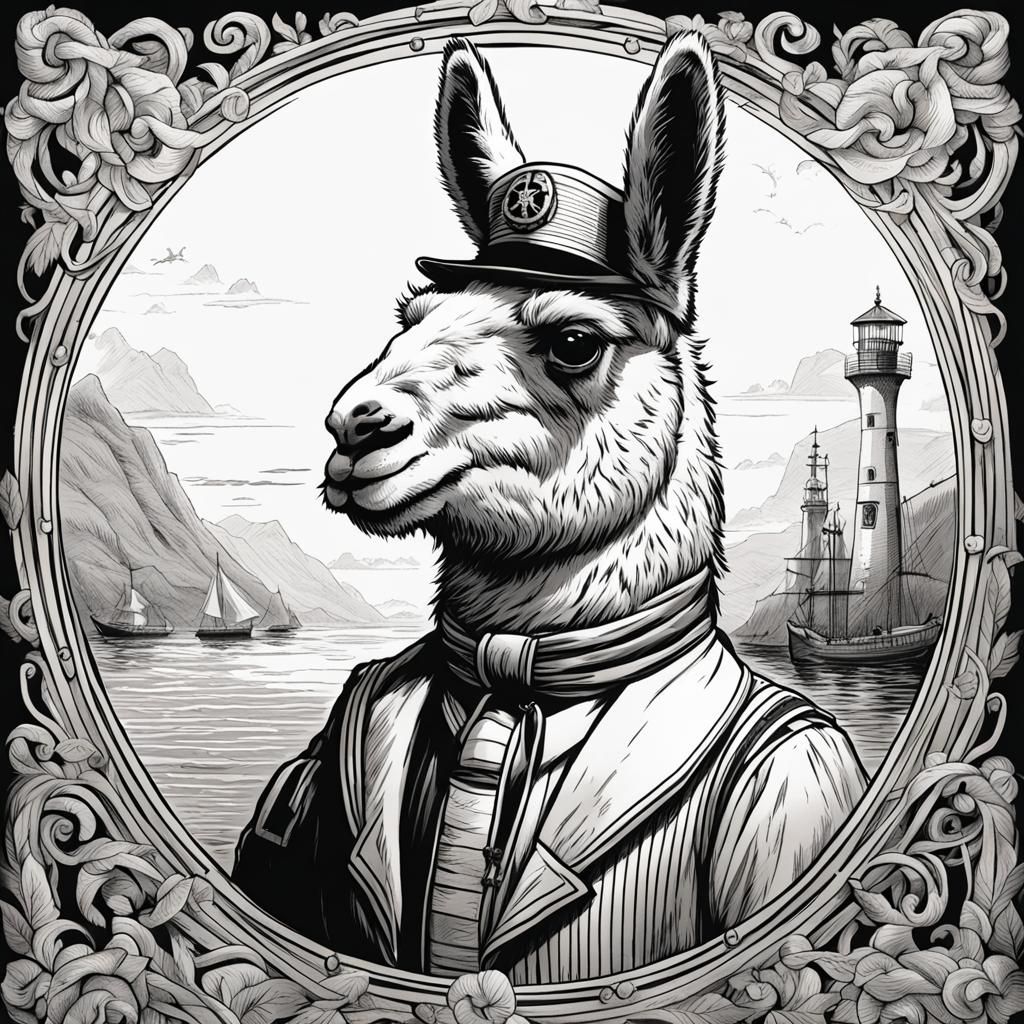 Style of Tenniel,a black and white drawing of a llama dressed in a ...