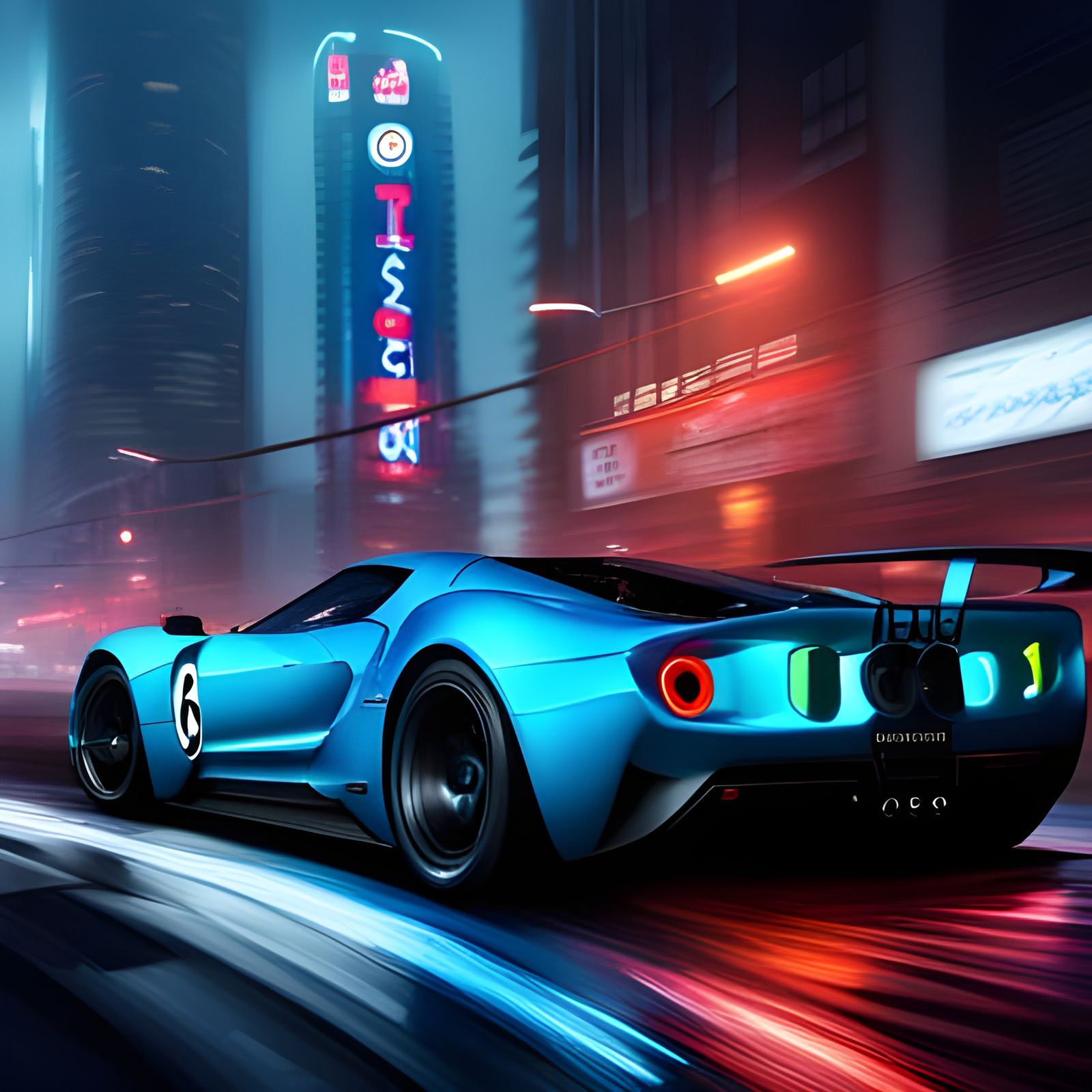 ultra highly detailed Ford GT40 racing in the lemans cyberpunk city ...