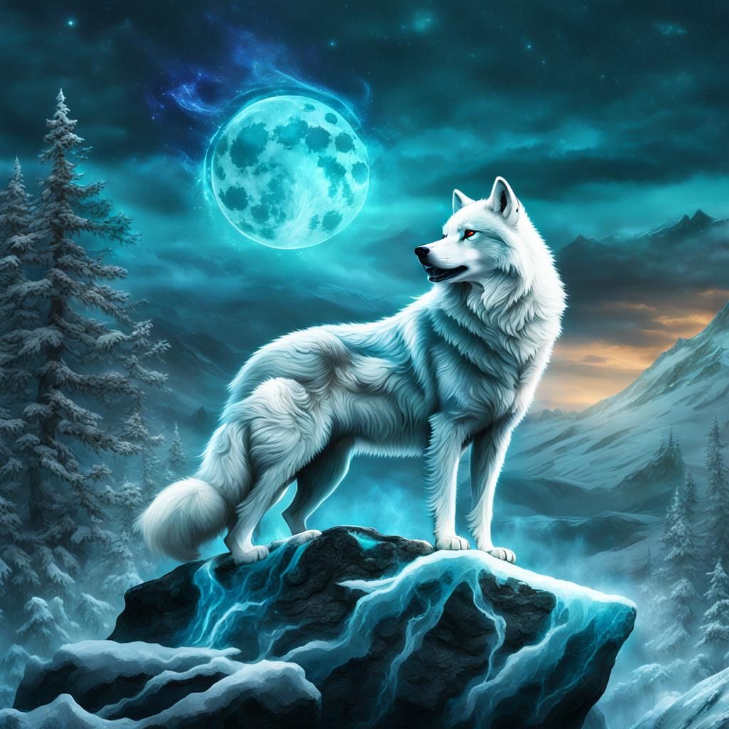 A beautiful ice wolf howling at the night sky whilst sitting on a rock ...