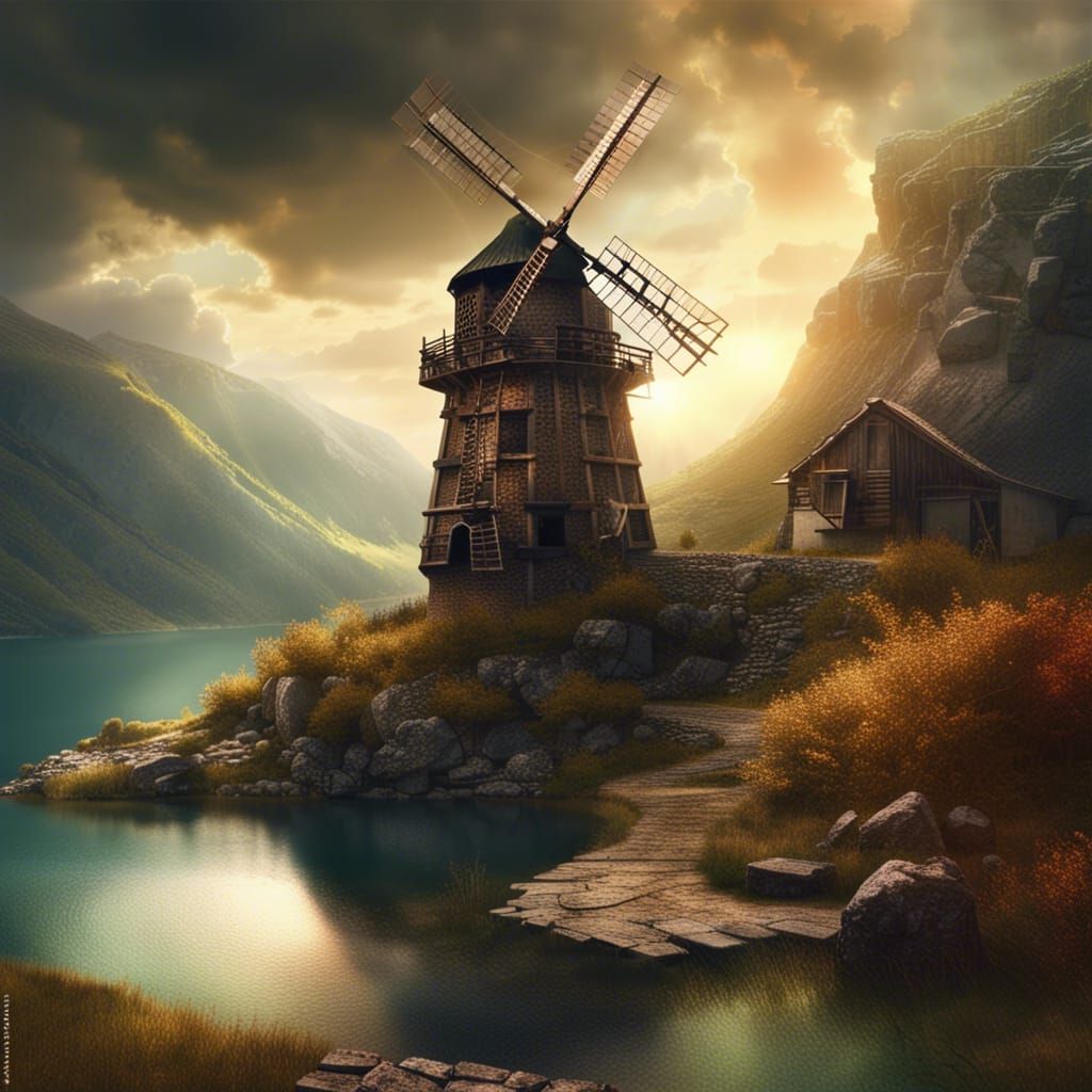 Old windmill with a view on a beautiful lake - AI Generated Artwork ...