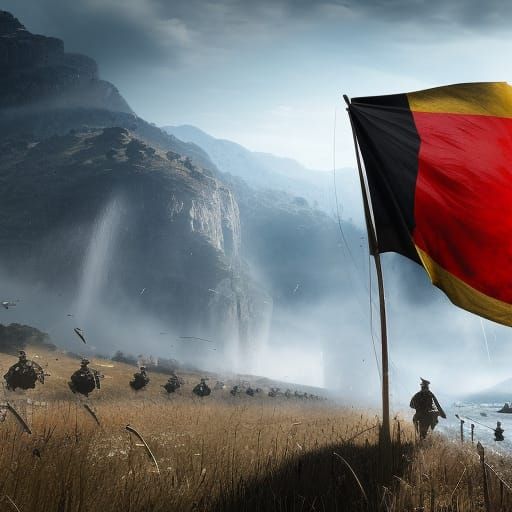 hyperdetailed, photorealistic, and beautiful German flag in battlefield ...