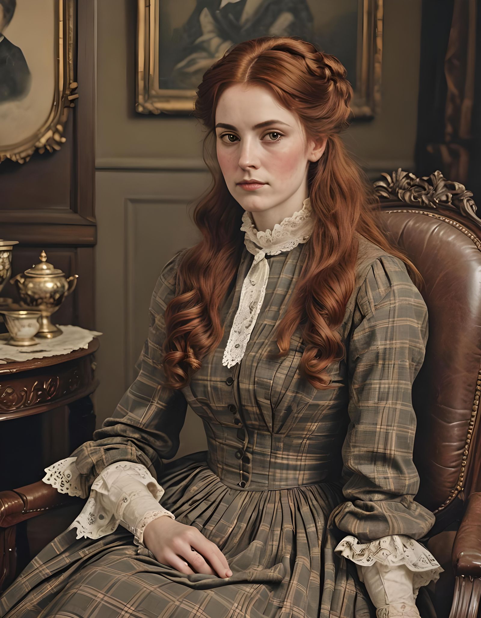 A beautiful young Victorian woman with auburn hair in a plaid dress ...
