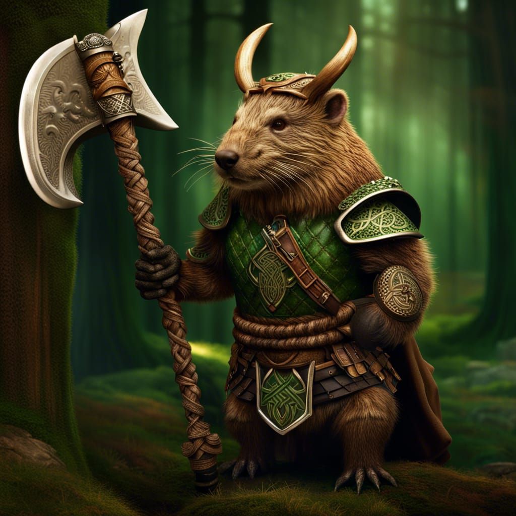 Imagine a medium-sized beaver with a braided beard, wearing Celtic ...