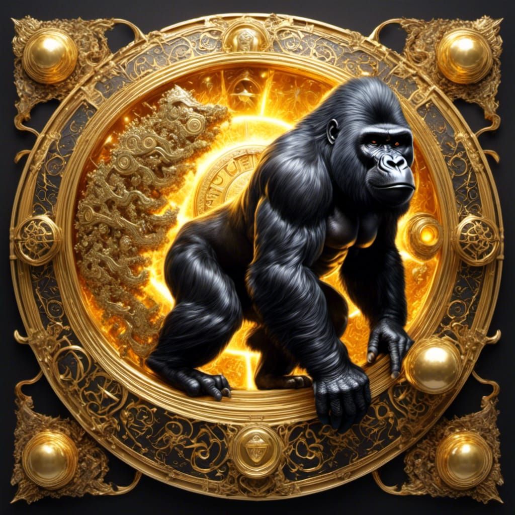 golden, shine, fantastical, fantastic scenery, An ornate Black Gorilla ...