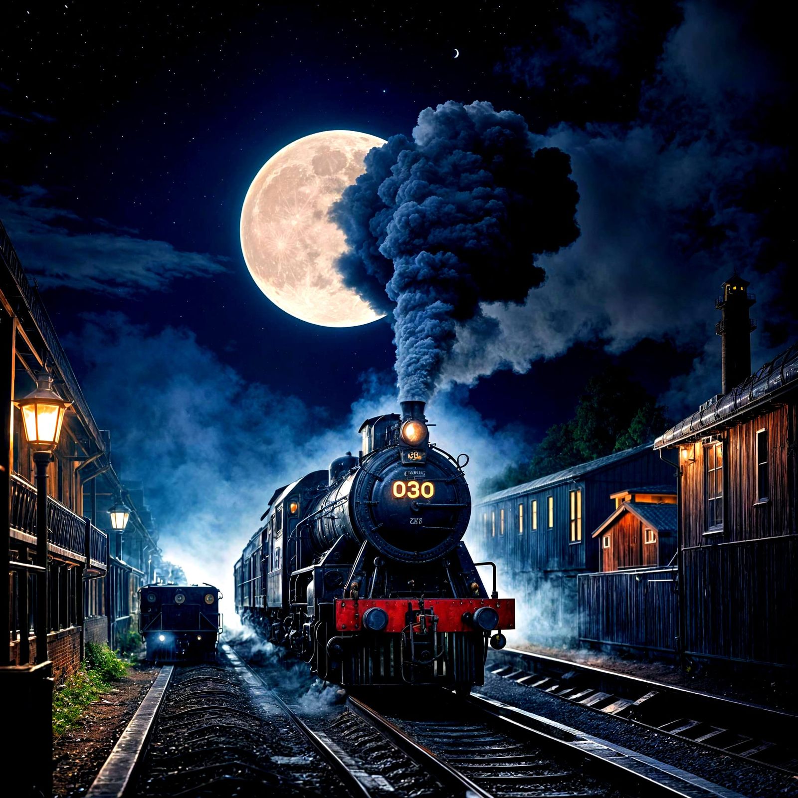 Steam Locomotive Illuminated by Full Moon Under St... - AI Art