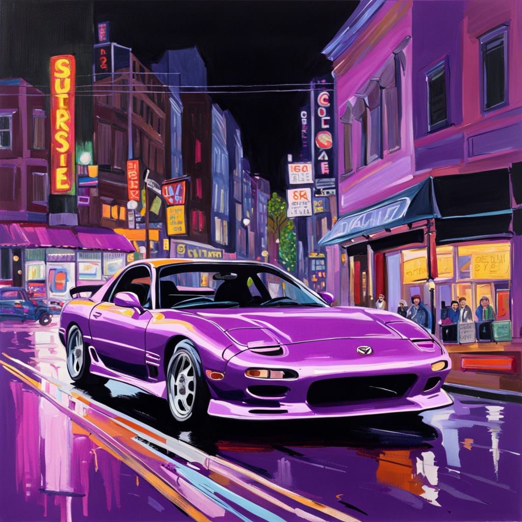 a light purple Mazda RX7, speeding through a city street, at night ...