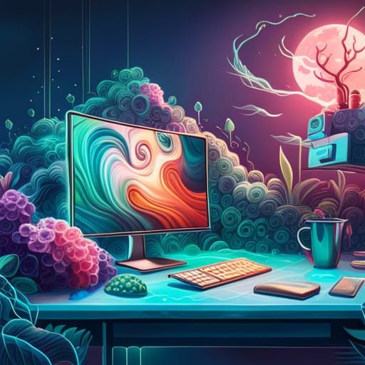 a computer on a desk covered in intricate vines and flowers, fantasy ...