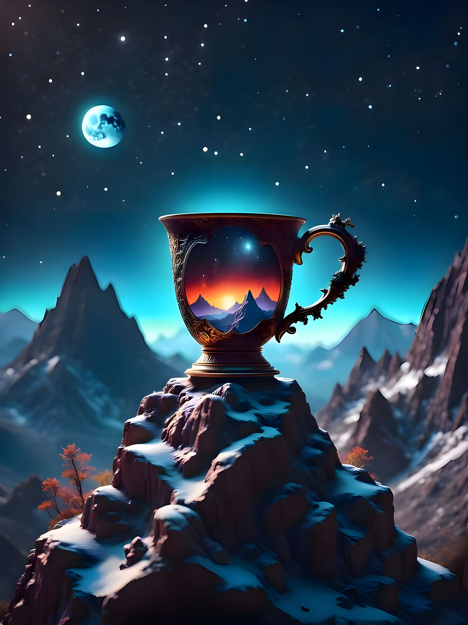 A beautiful masterpiece of a gigantic cup inside with mountains ...